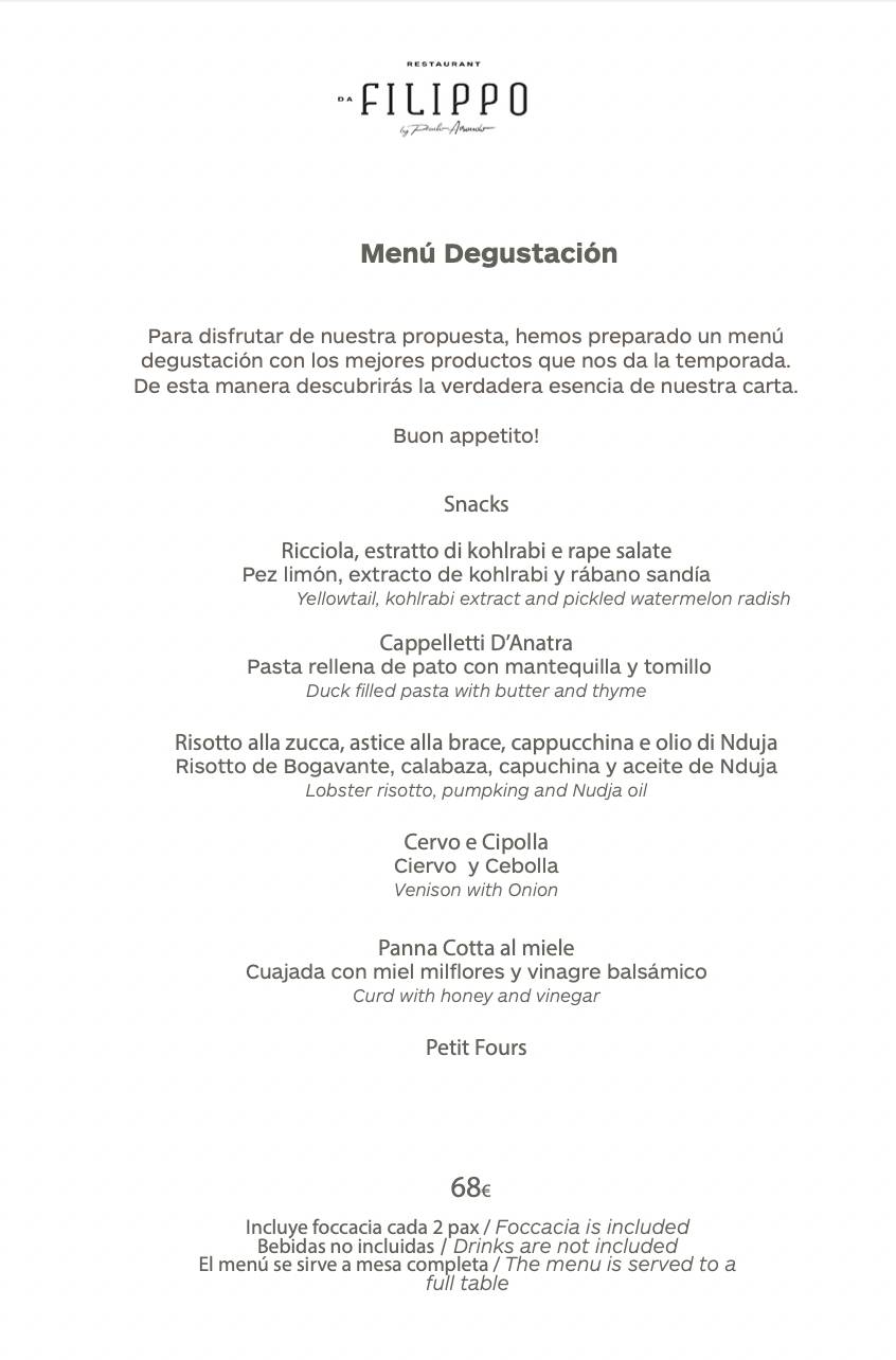 Menu at Da Filippo by Paulo Airaudo restaurant, San Sebastián, Prim Kalea