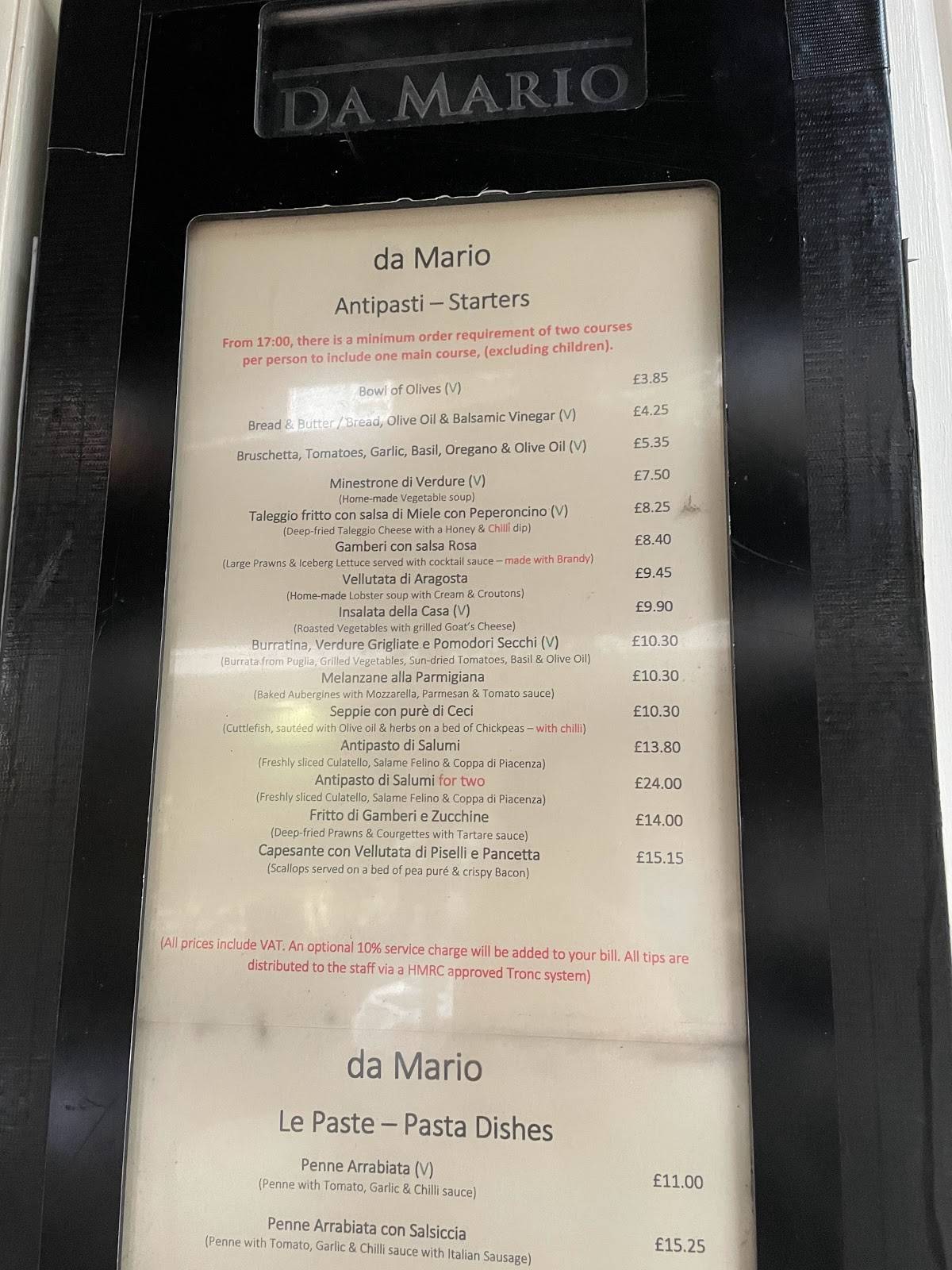 Menu at Da Mario Covent Garden restaurant, London, 63 Endell St