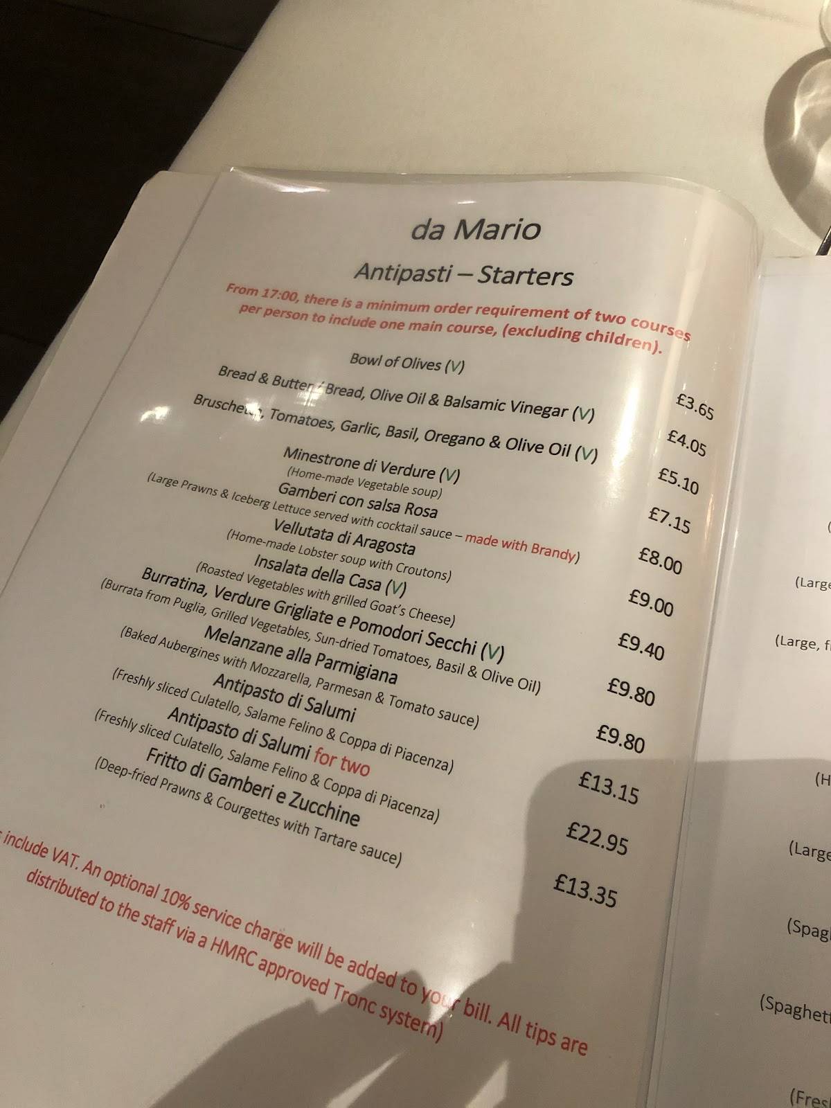 Menu at Da Mario Covent Garden restaurant, London, 63 Endell St