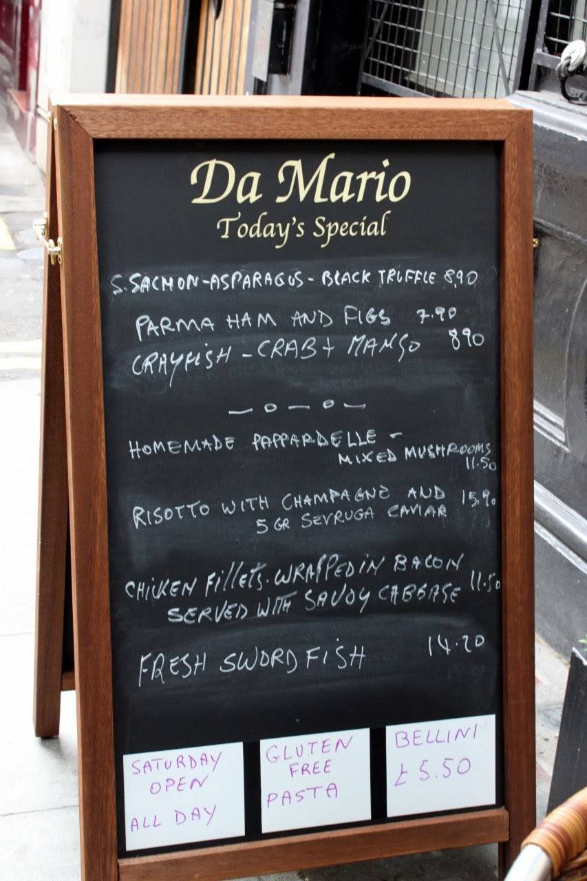 Menu at Da Mario Covent Garden restaurant, London, 63 Endell St