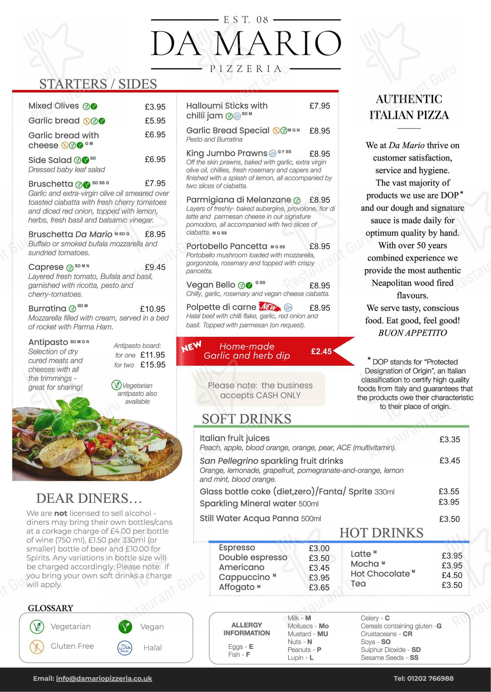 Menu at Da Mario pizzeria, Bournemouth