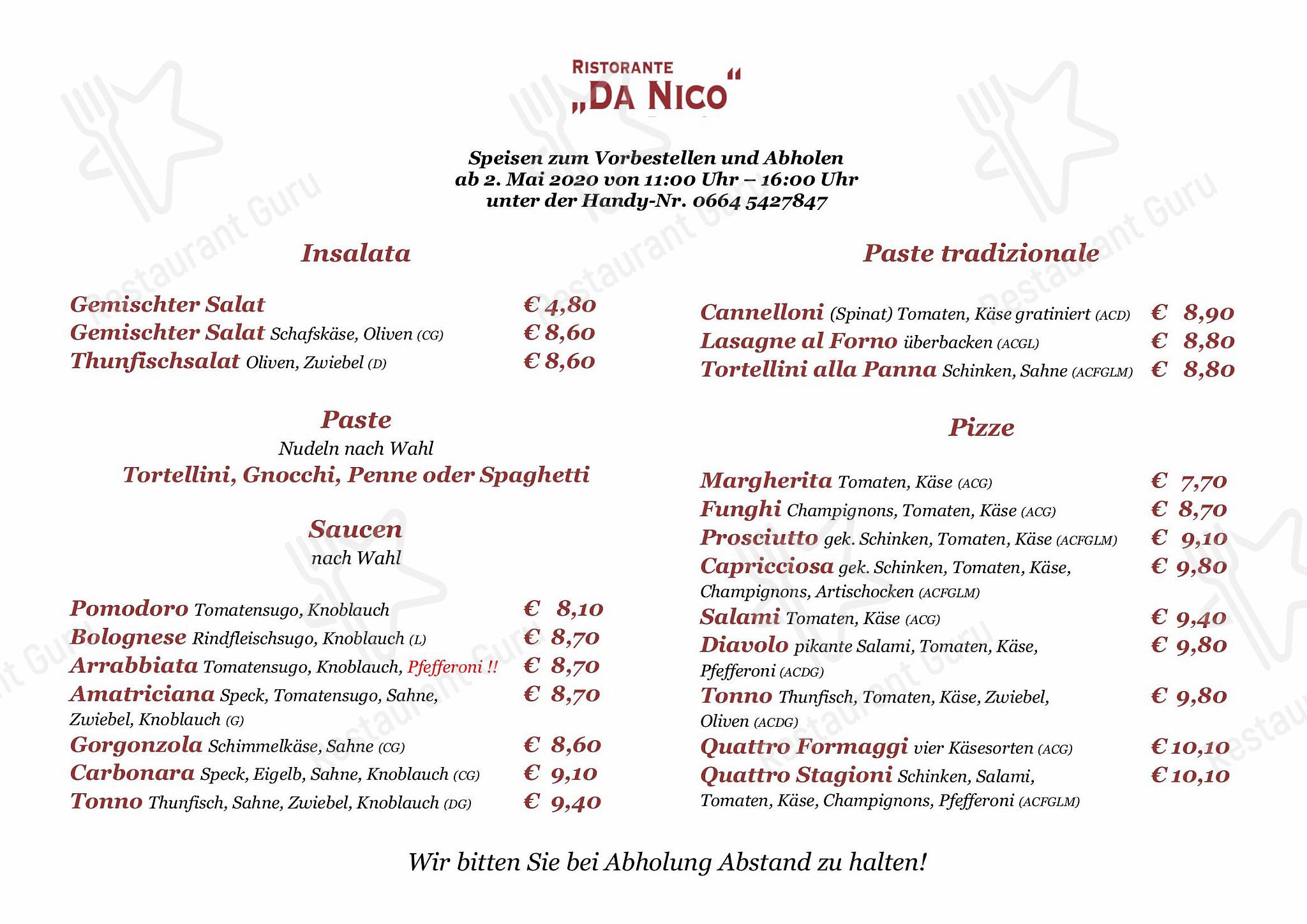 Speisekarte von Ristorante "Da Nico" cafe, Graz