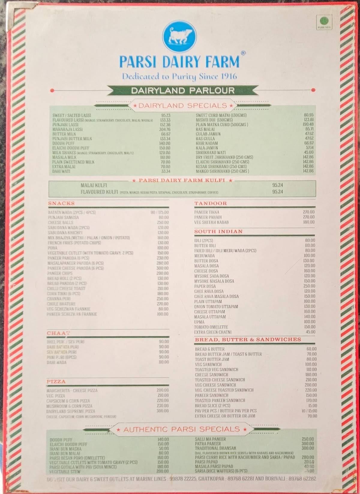 Menu at Dairyland Parlour - Parsi Dairy Farm, India