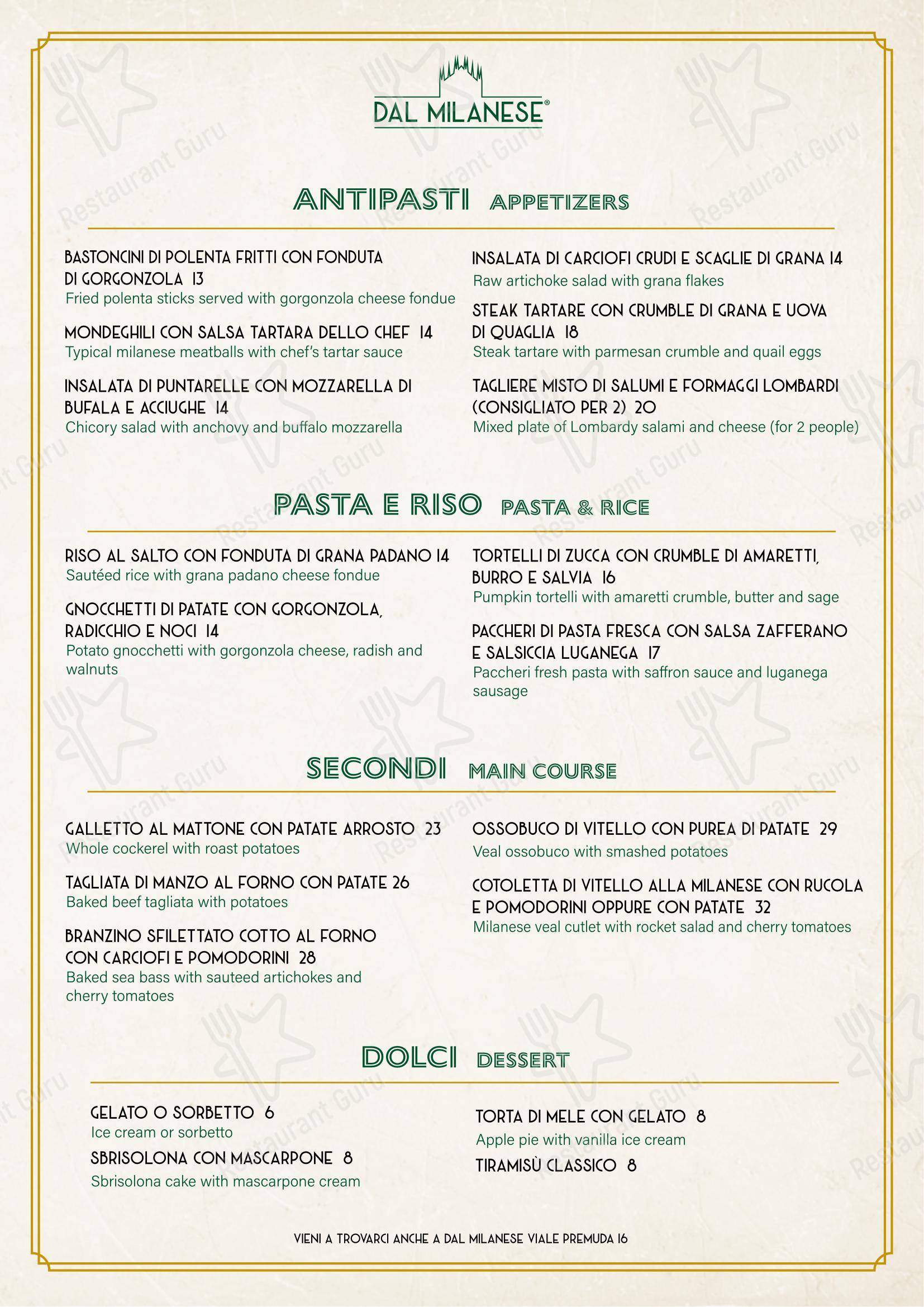 Menu da Dal Milanese Teatro Arcimboldi ristorante, Milano