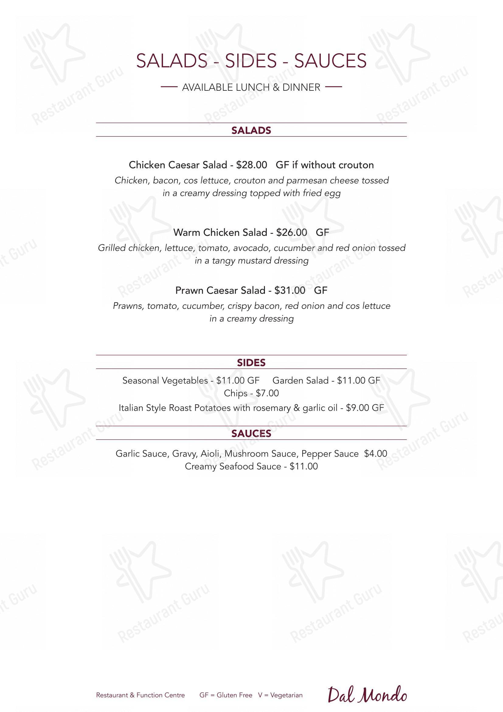 Menu at Dal Mondo Restaurant & Function Centre, Traralgon