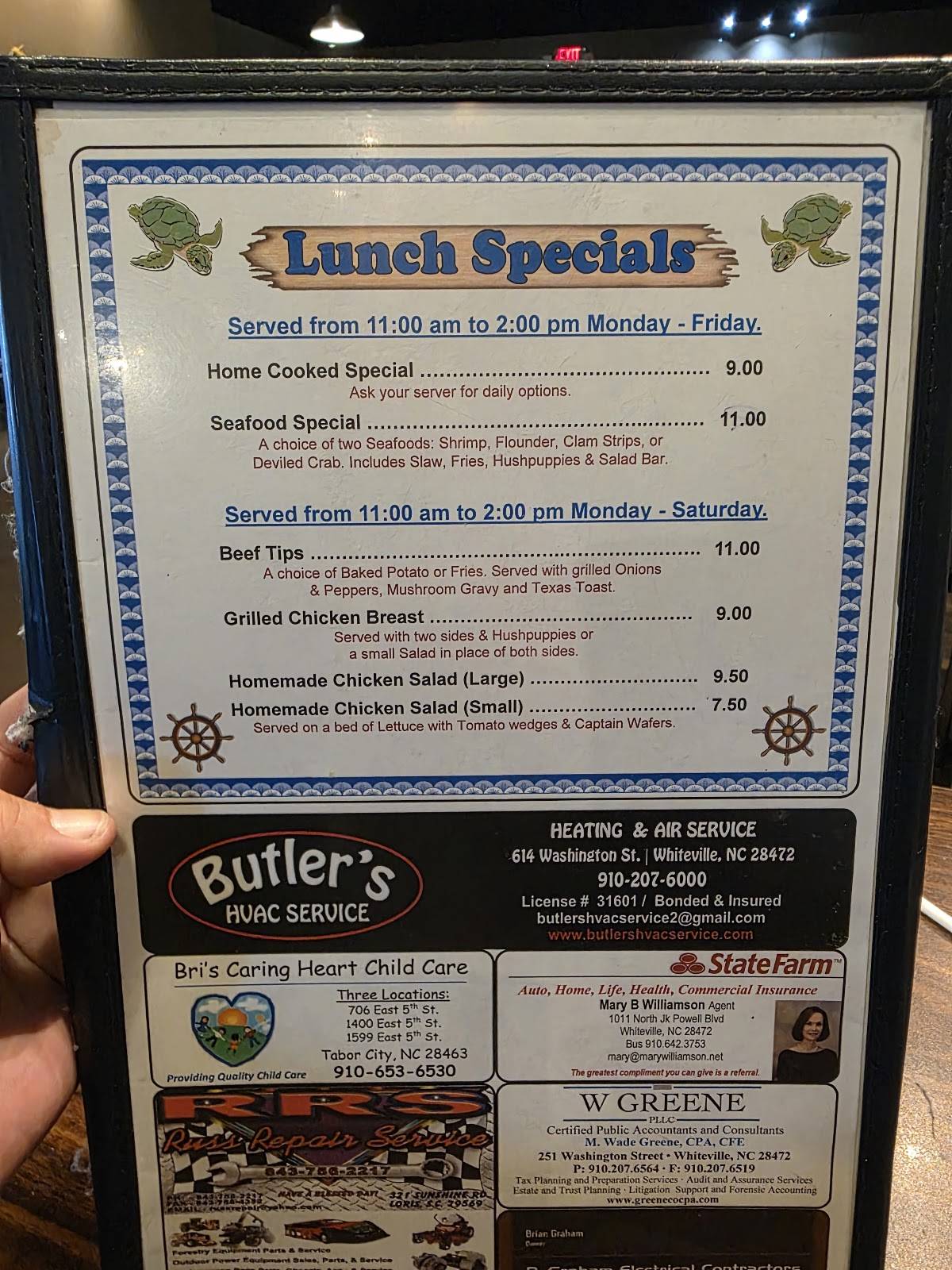 Menu at Dale's Seafood restaurant, Tabor City