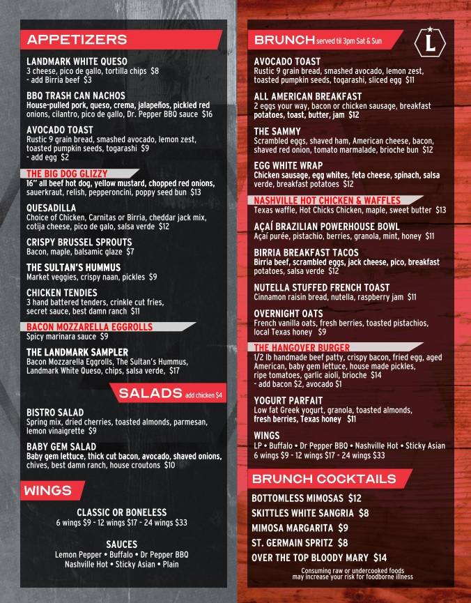 Menu at Landmark Bar & Kitchen, Dallas