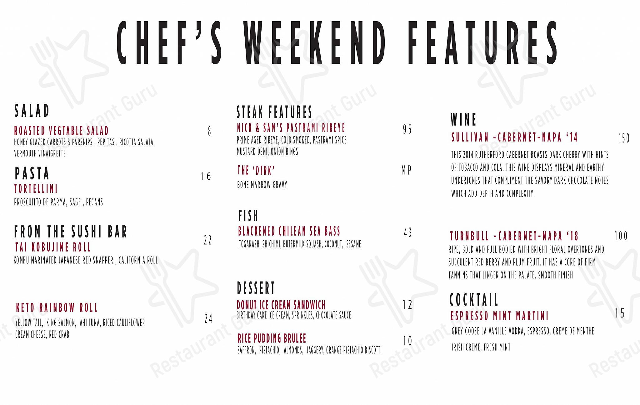 Menu at Nick & Sam's steakhouse, Dallas, Maple Ave