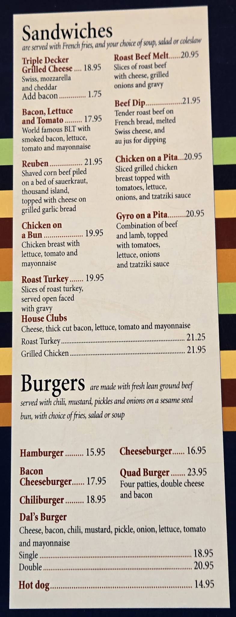 Menu at Dal's Restaurant & Lounge, Winnipeg, 701 Regent Ave W