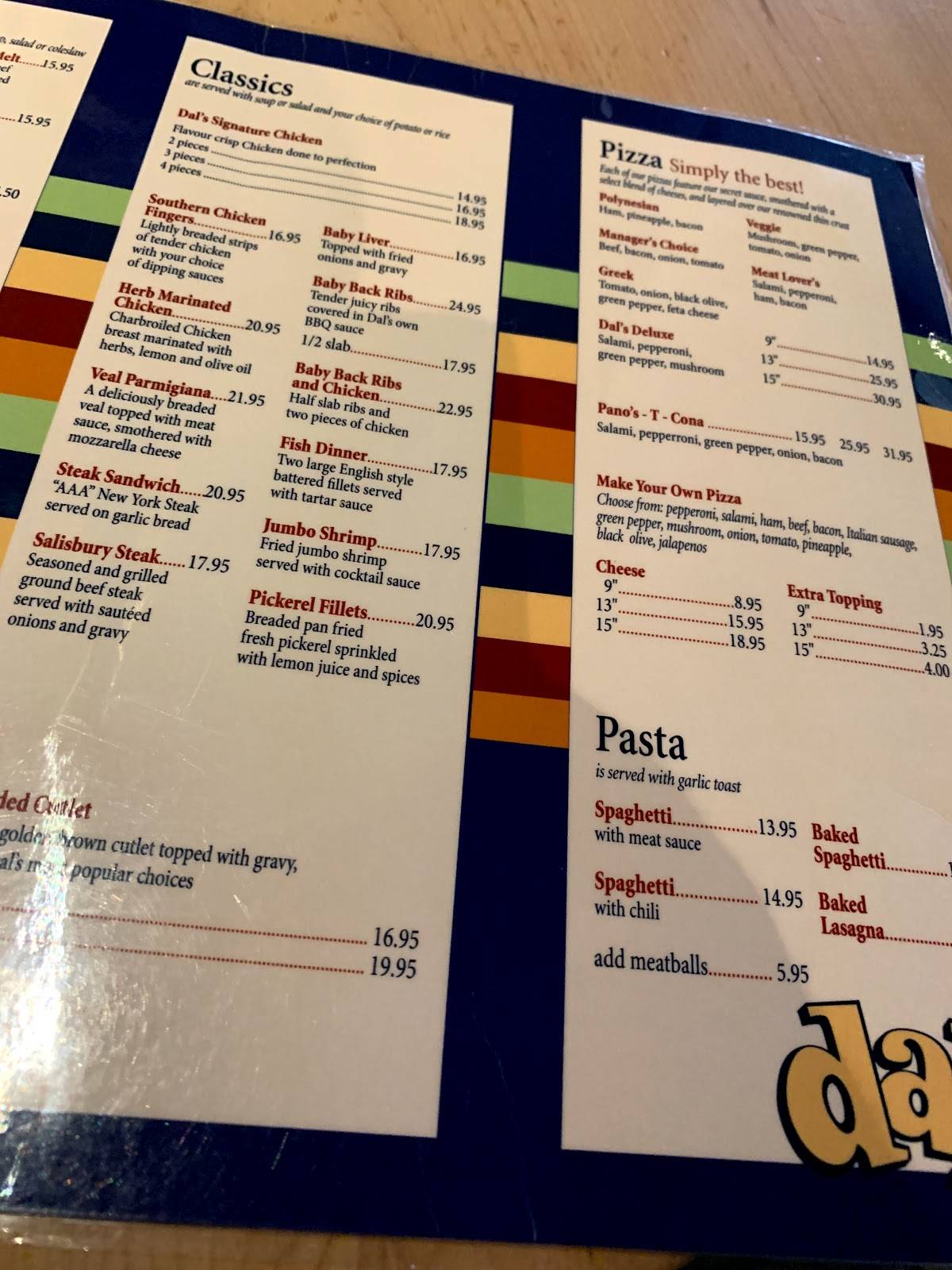 Menu at Dal's Restaurant & Lounge, Winnipeg, 701 Regent Ave W