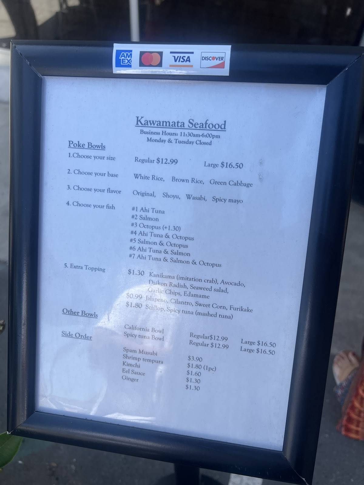 Menu at Kawamata Seafood restaurant, Dana Point