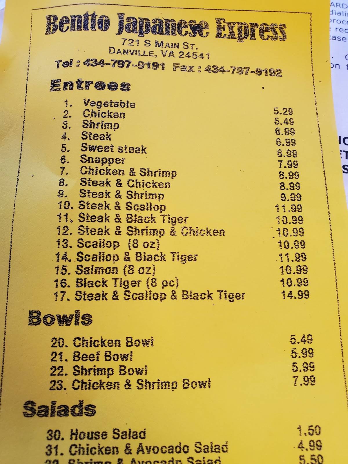 Menu at Bentto Japanese Express restaurant, Danville