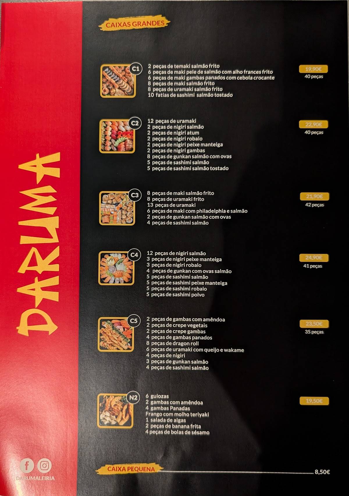 Menu at Daruma restaurant, Leiria, Rua da Indústria 111
