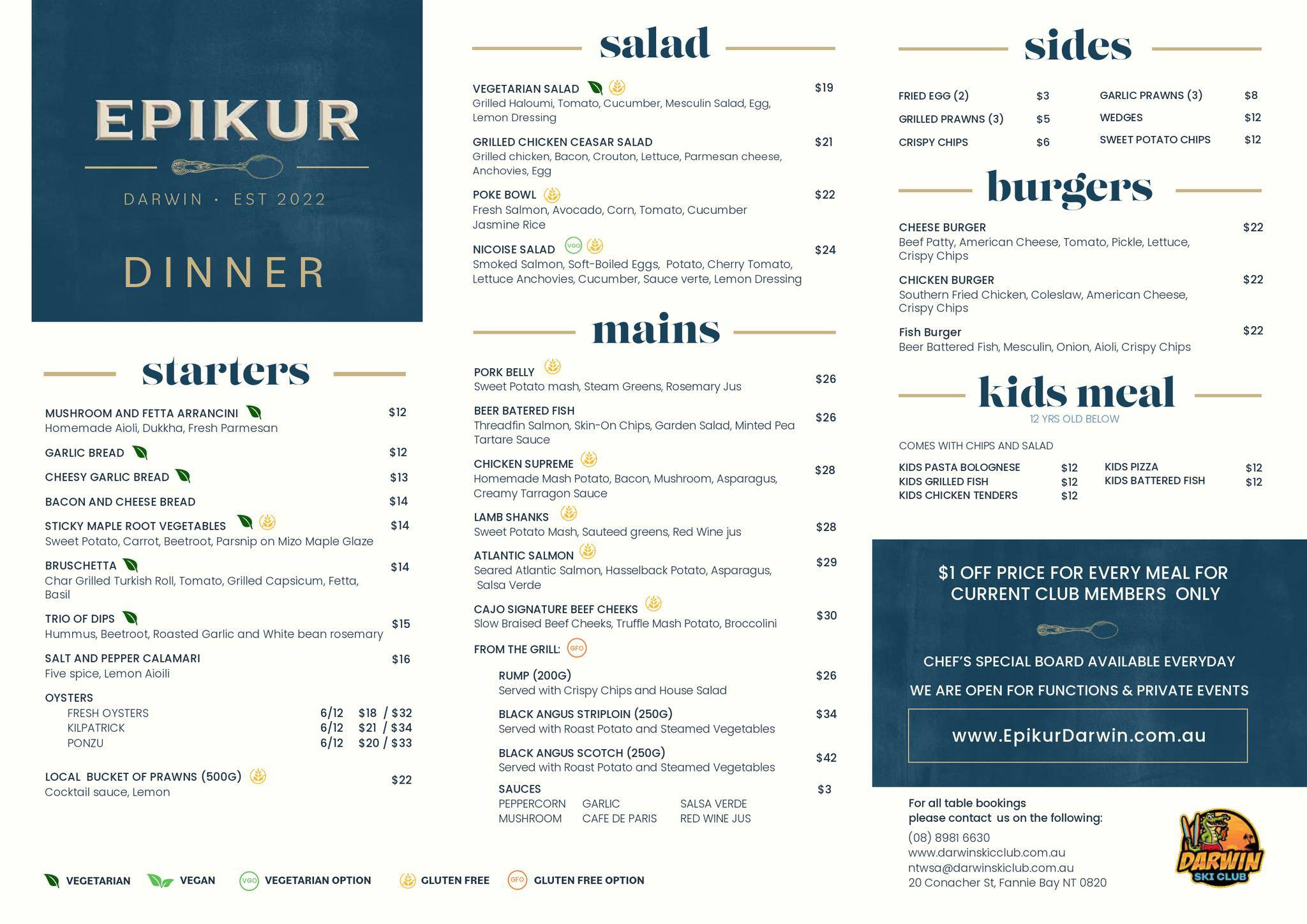 Menu at Ski clu pub & bar, Fannie Bay