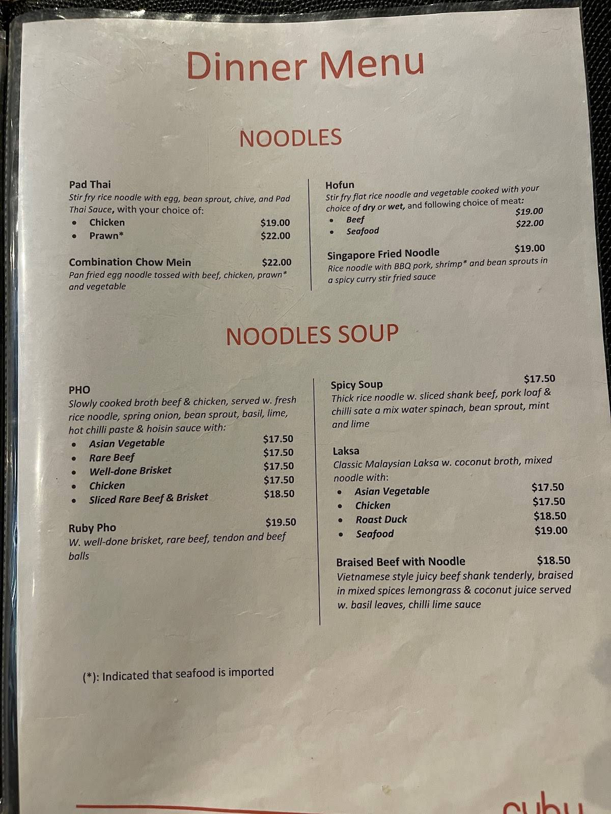 Menu at Ruby Vietnamese Restaurant, Darwin City