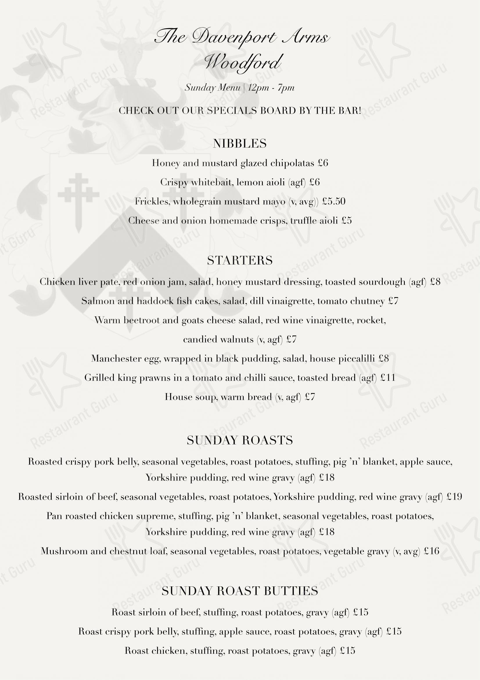 Menu at Davenport Arms, Woodford pub & bar, Stockport, 550 Chester Rd