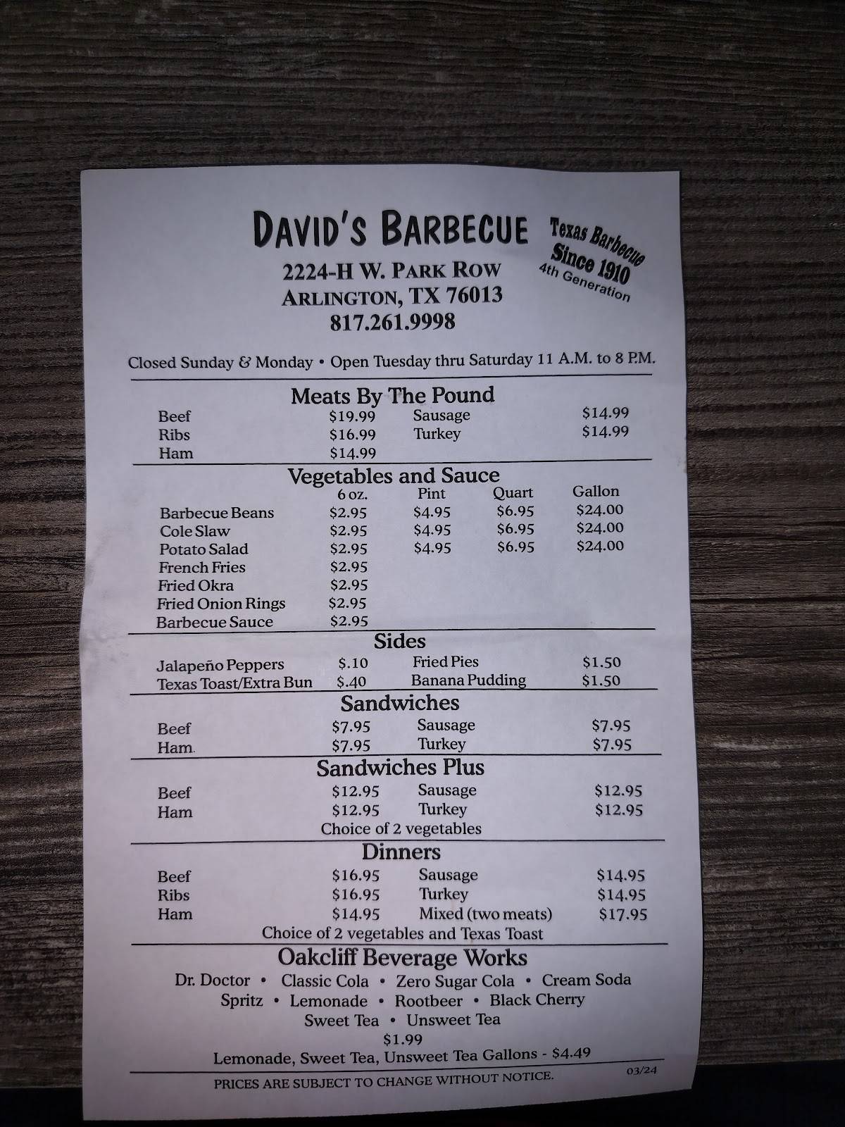 Menu at David's Barbecue, Pantego