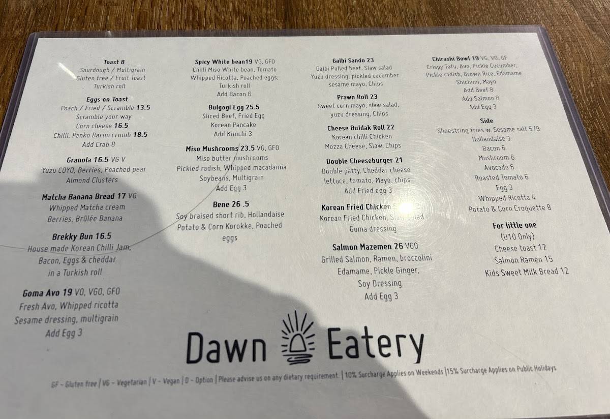 Menu at Dawn Eatery cafe, Elsternwick