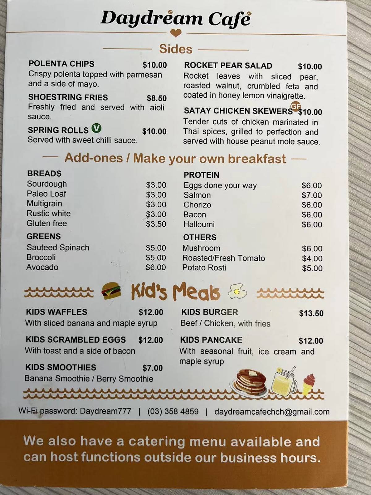 Menu at Daydream Café cafe, Christchurch, 247 Waimairi Rd