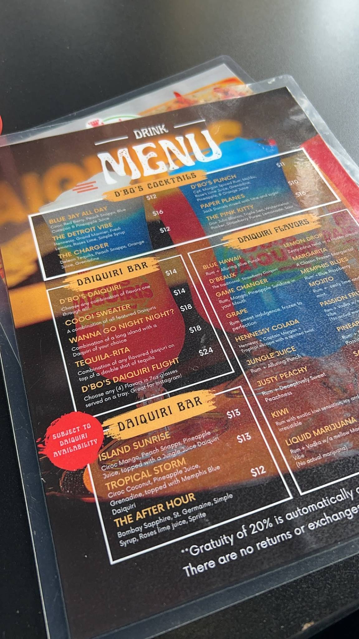 Menu at D'bo's Daiquiris, Wings & Seafood pub & bar, Southfield