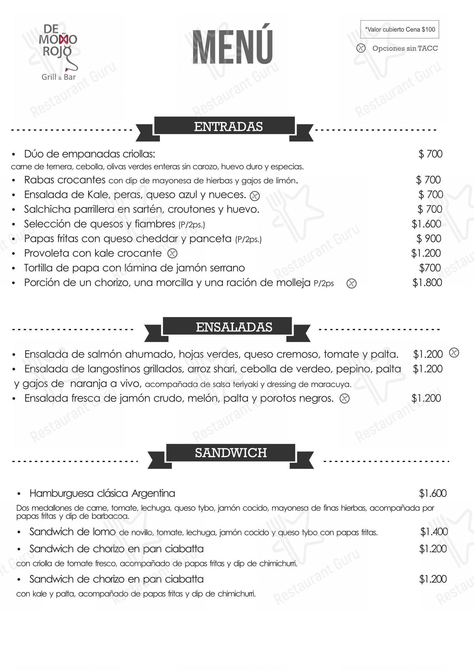 Carta de De Moño Rojo Grill & Bar, San Juan
