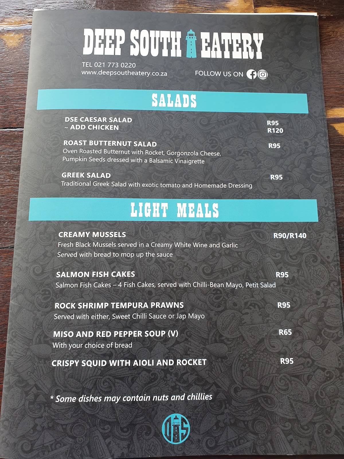 Menu au Deep South Eatery restaurant, Le Cap