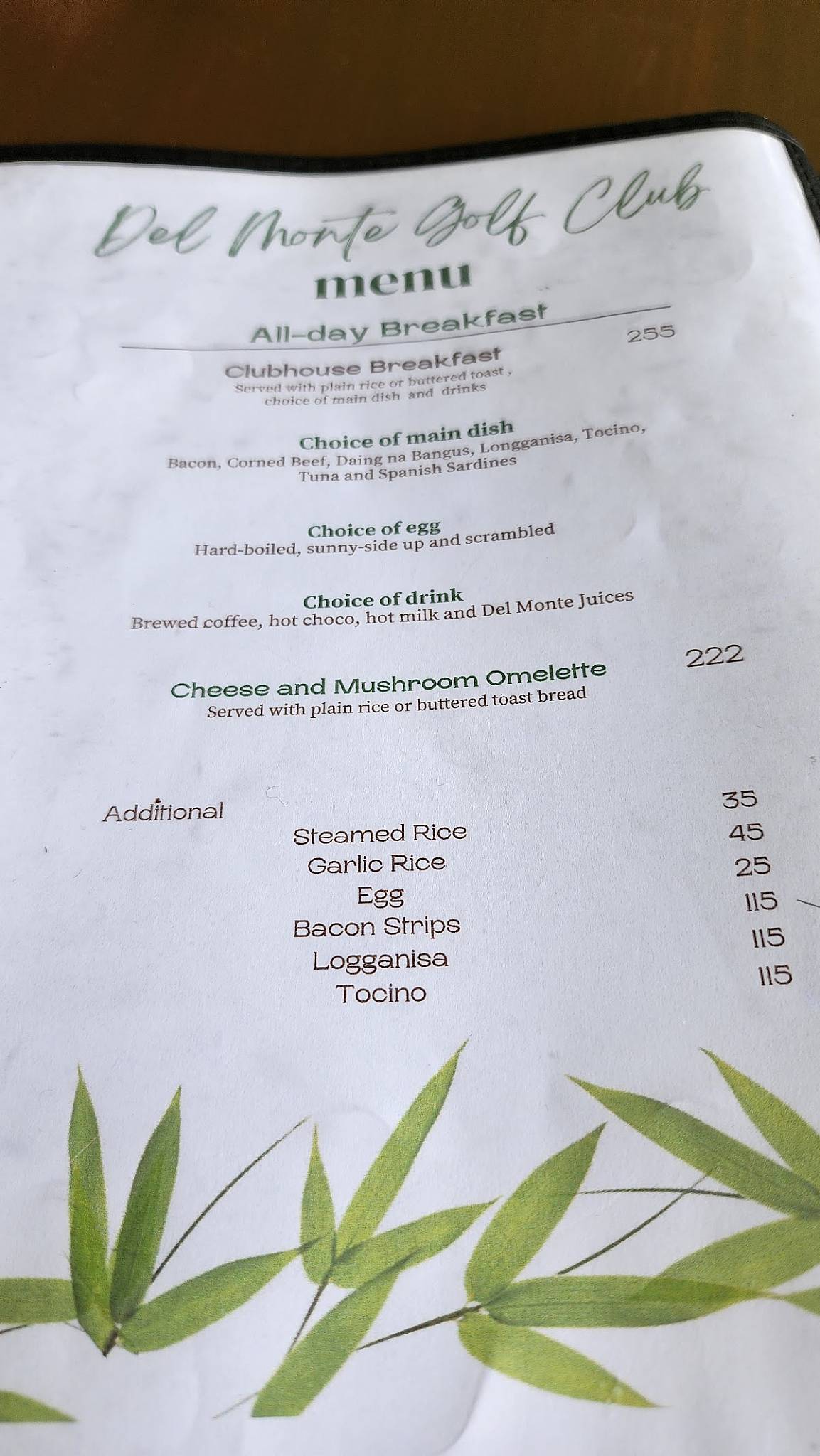 Menu at Del Monte Clubhouse, Manolo Fortich