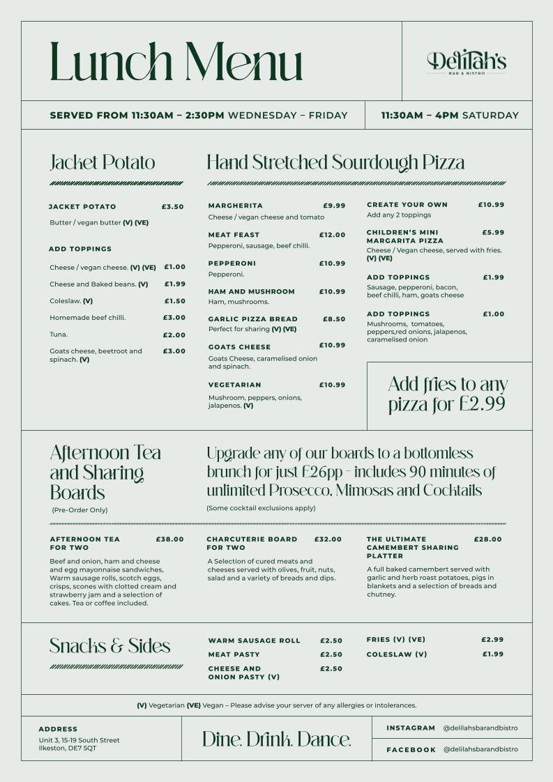 Menu at Delilahs Bar & Bistro, Ilkeston