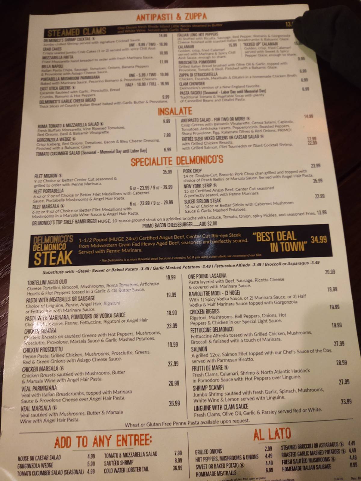 Menu at Delmonico's Italian Steakhouse, Albany