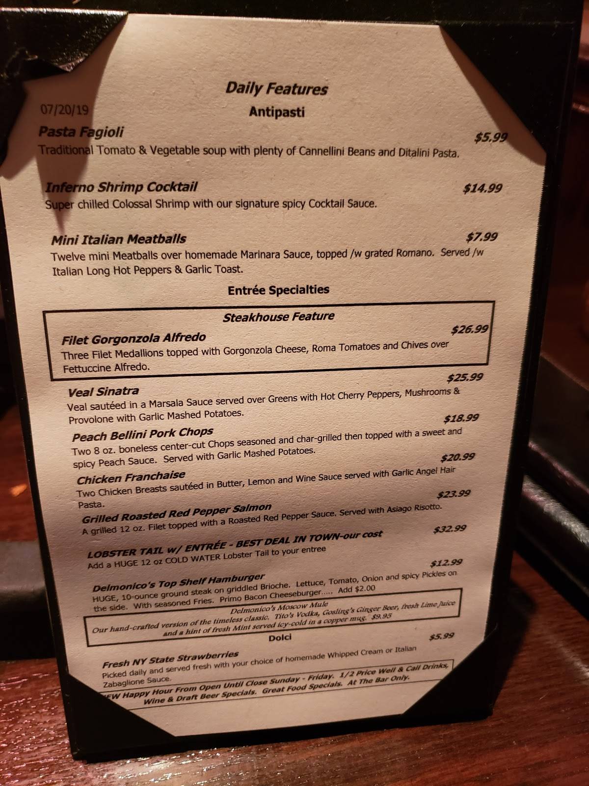 Menu at Delmonico's Syracuse steakhouse, Syracuse