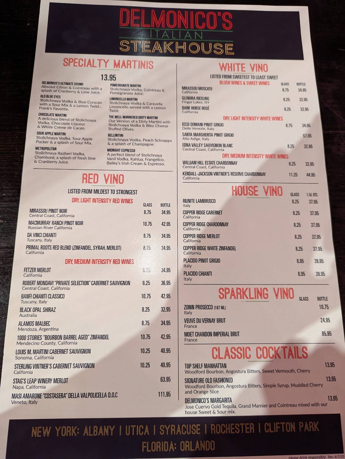 Menu at Delmonico's Syracuse steakhouse, Syracuse