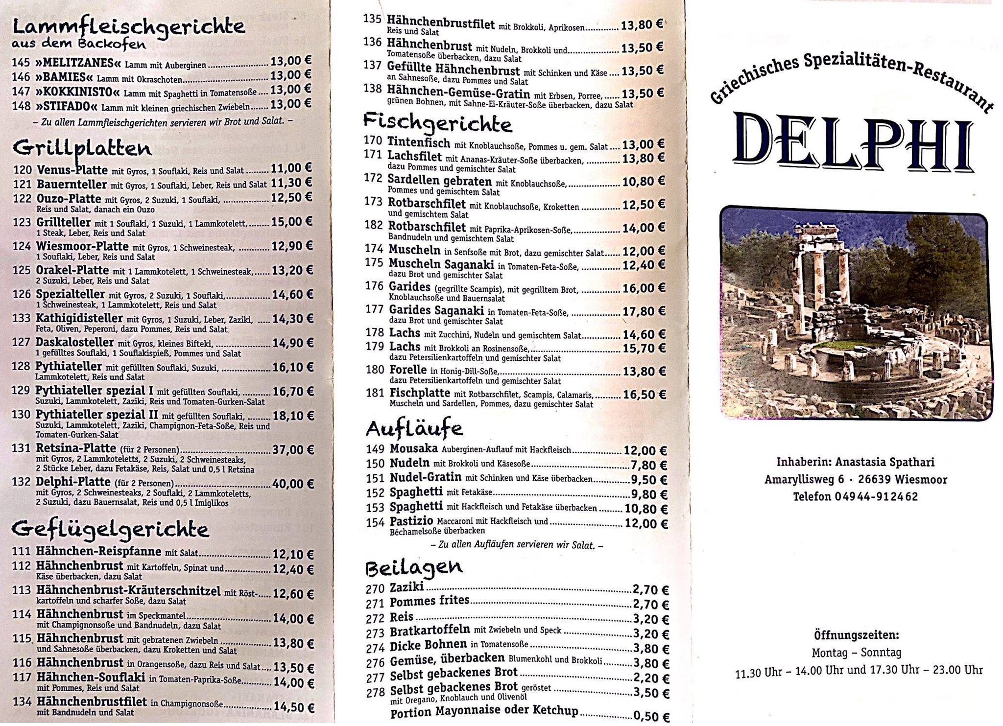 Speisekarte von Delphi Restaurant Griechische Spezialitäten, Wiesmoor