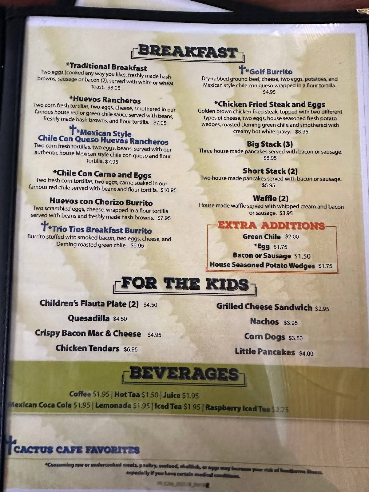 Menu at Cactus Cafe, Deming