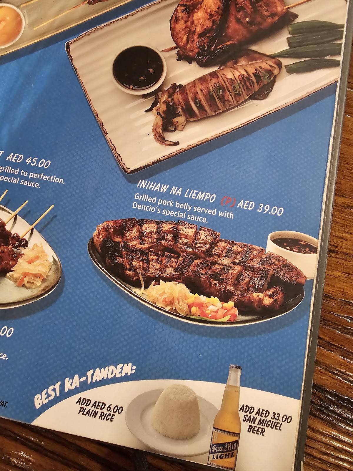 Menu at Dencio's UAE restaurant, Dubai