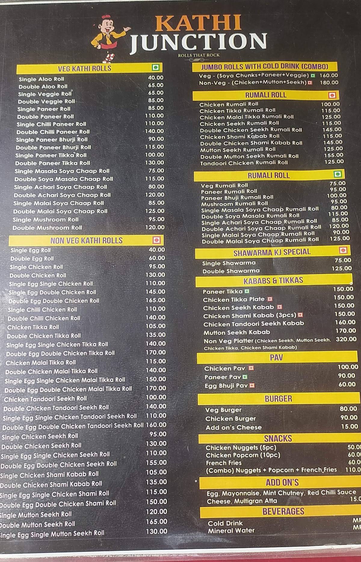 Menu at Kathi Junction, Deoghar