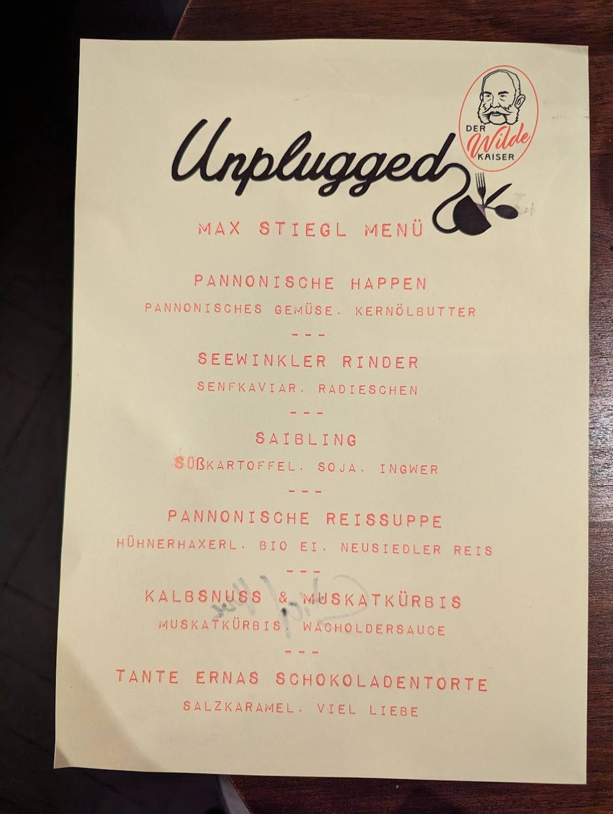 Menu at Der Wilde Kaiser Wienzeile, Zürich