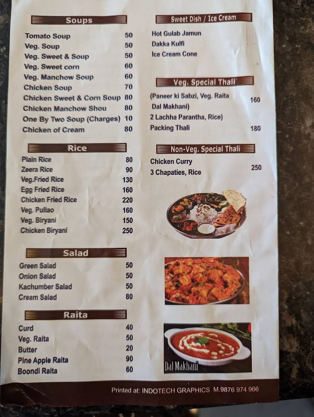 Menu at Pal Dhaba Derabassi, Dera Bassi, National Highway 22