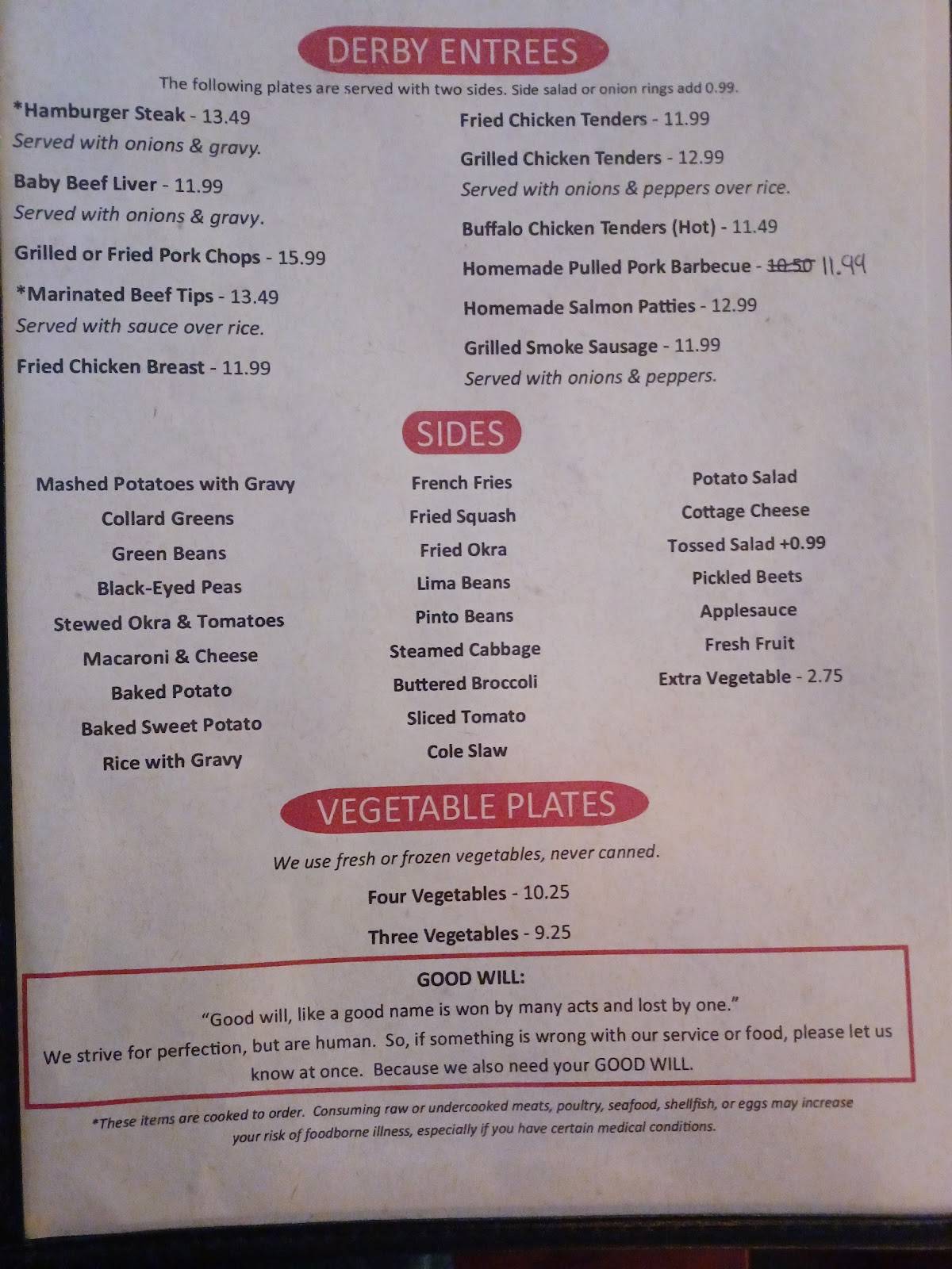 Menu at Derby Restaurant & Bar, Monroe