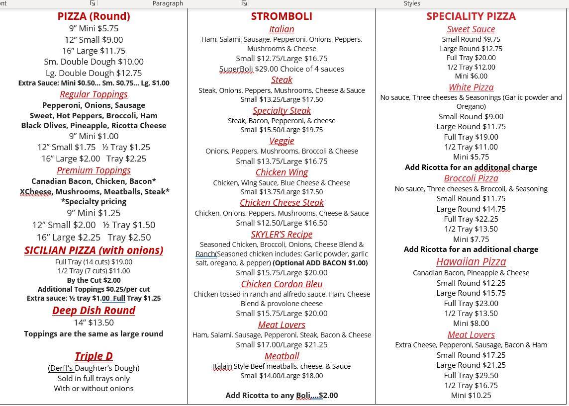 Menu at Derff's Pizza pizzeria, Sugar Notch
