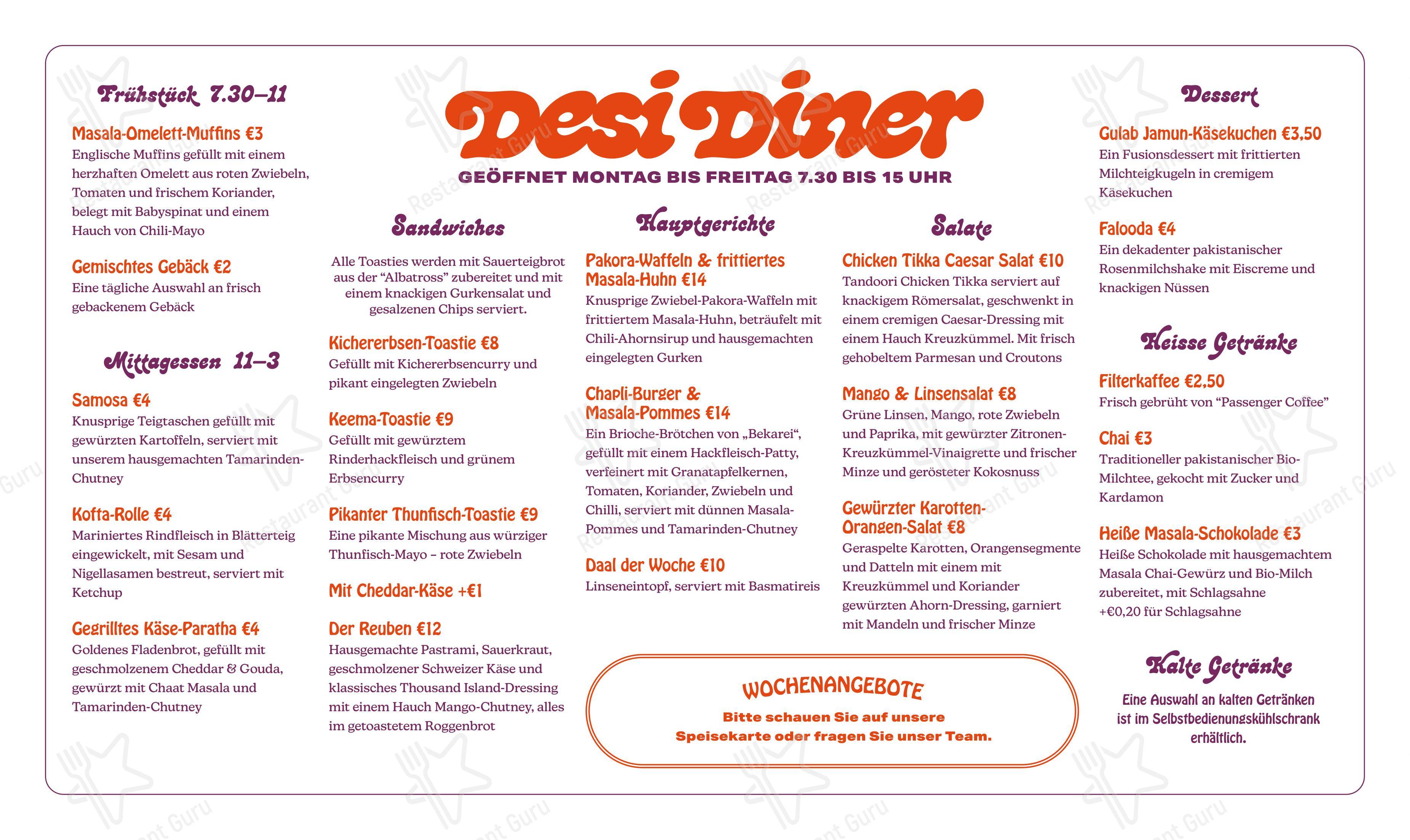 Menu at Desi Diner restaurant, Berlin