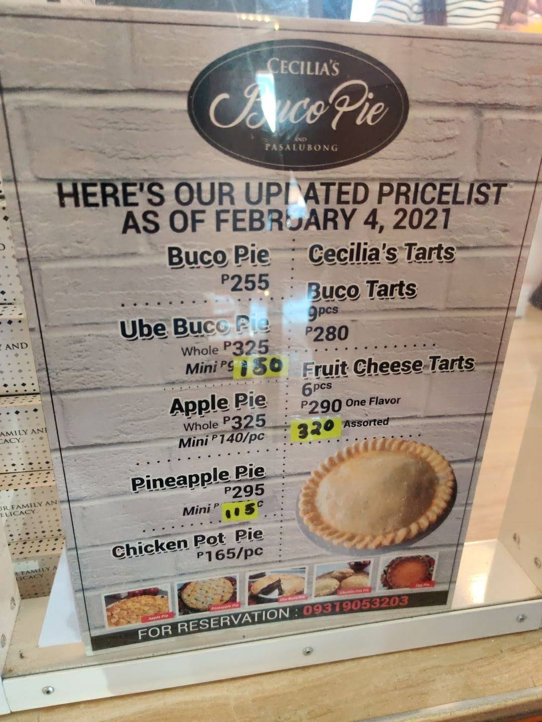 Menu at Cecilia's Buco Pie, Tarts and Pasalubong desserts, Tagaytay ...
