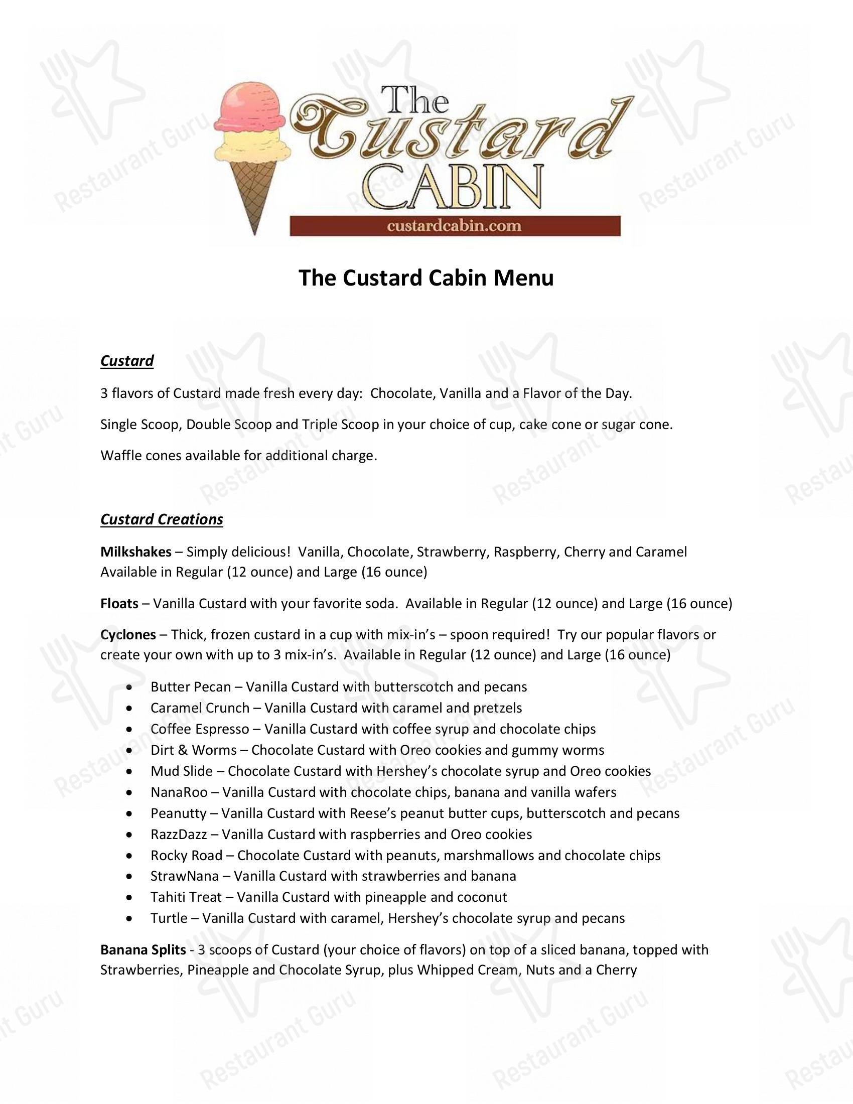 Menu at Custard Cabin desserts, Fairfield Glade