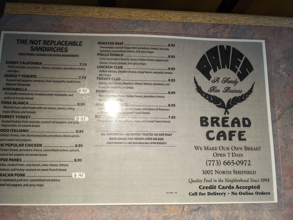 Menu at Panes Bread Cafe, Chicago
