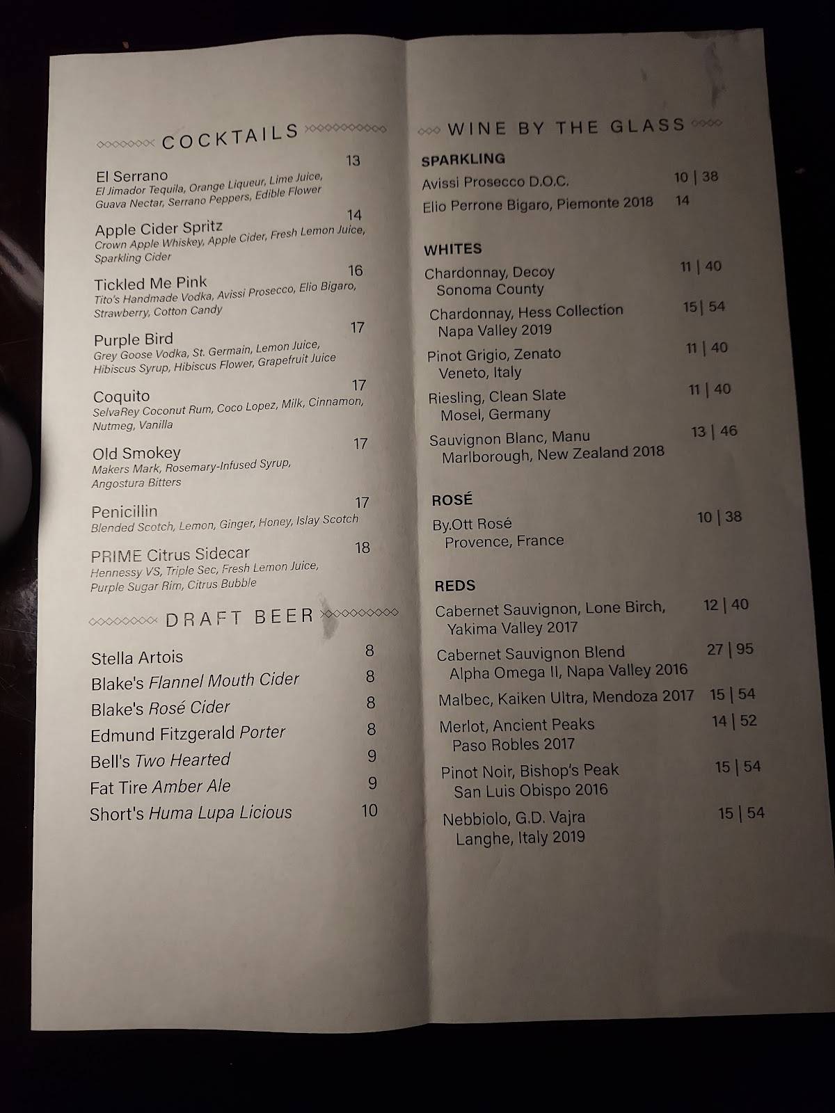Menu at D.PRIME Steakhouse, Detroit