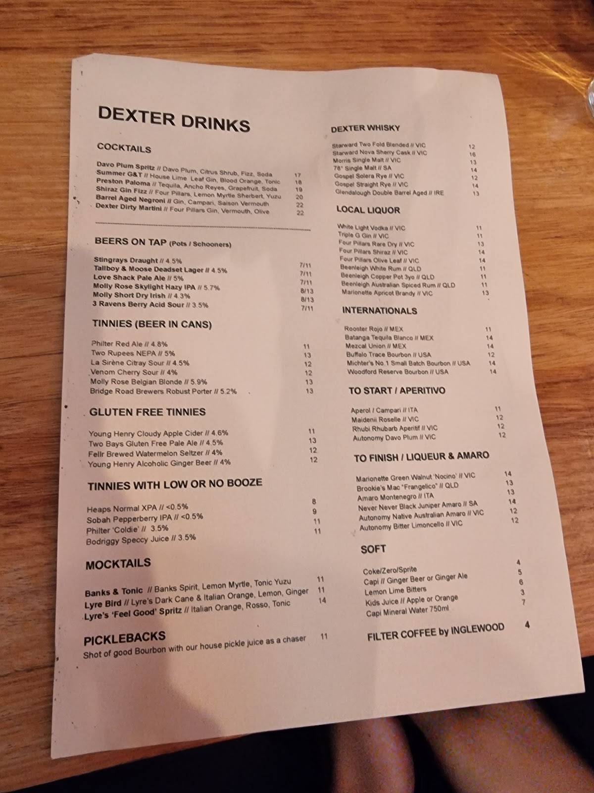 Menu at Dexter restaurant, Preston
