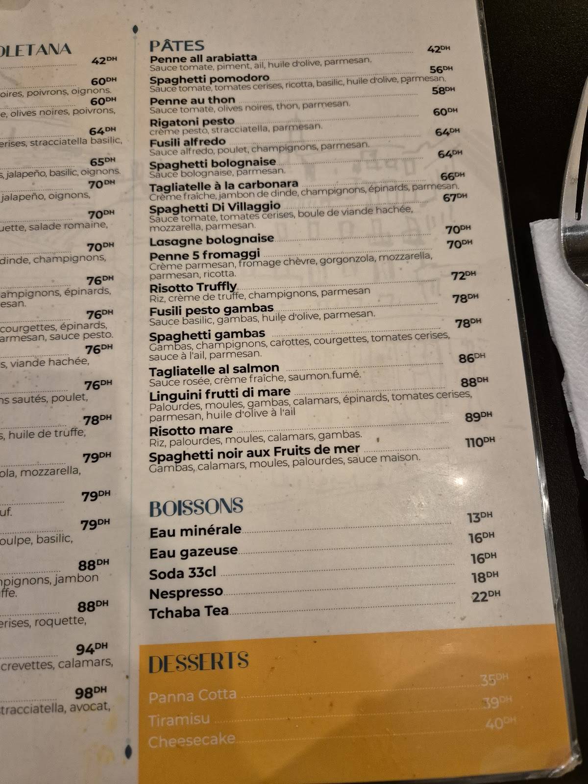 Menu au Di Villaggio Harhoura restaurant, Temara