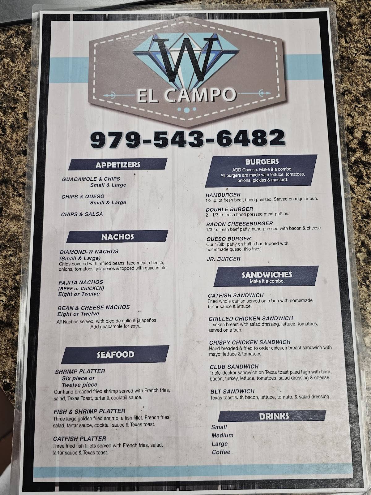 Menu at Diamond W restaurant, El Campo