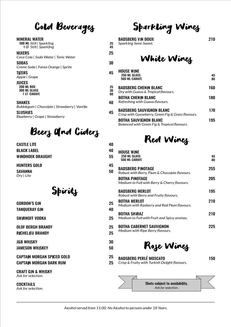 Menu at Die Boord Restaurant & Farmstall, Wolseley