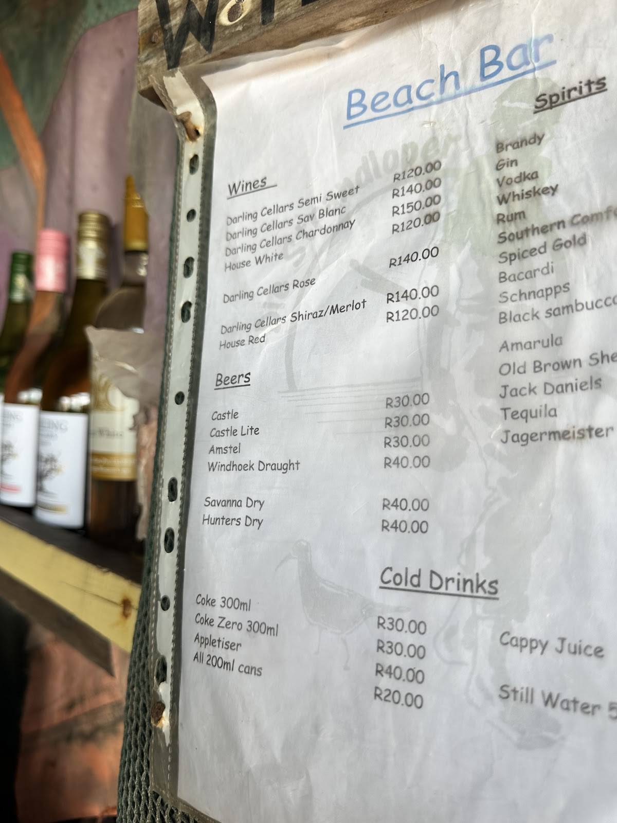 Menu at Die Strandloper restaurant, Langebaan