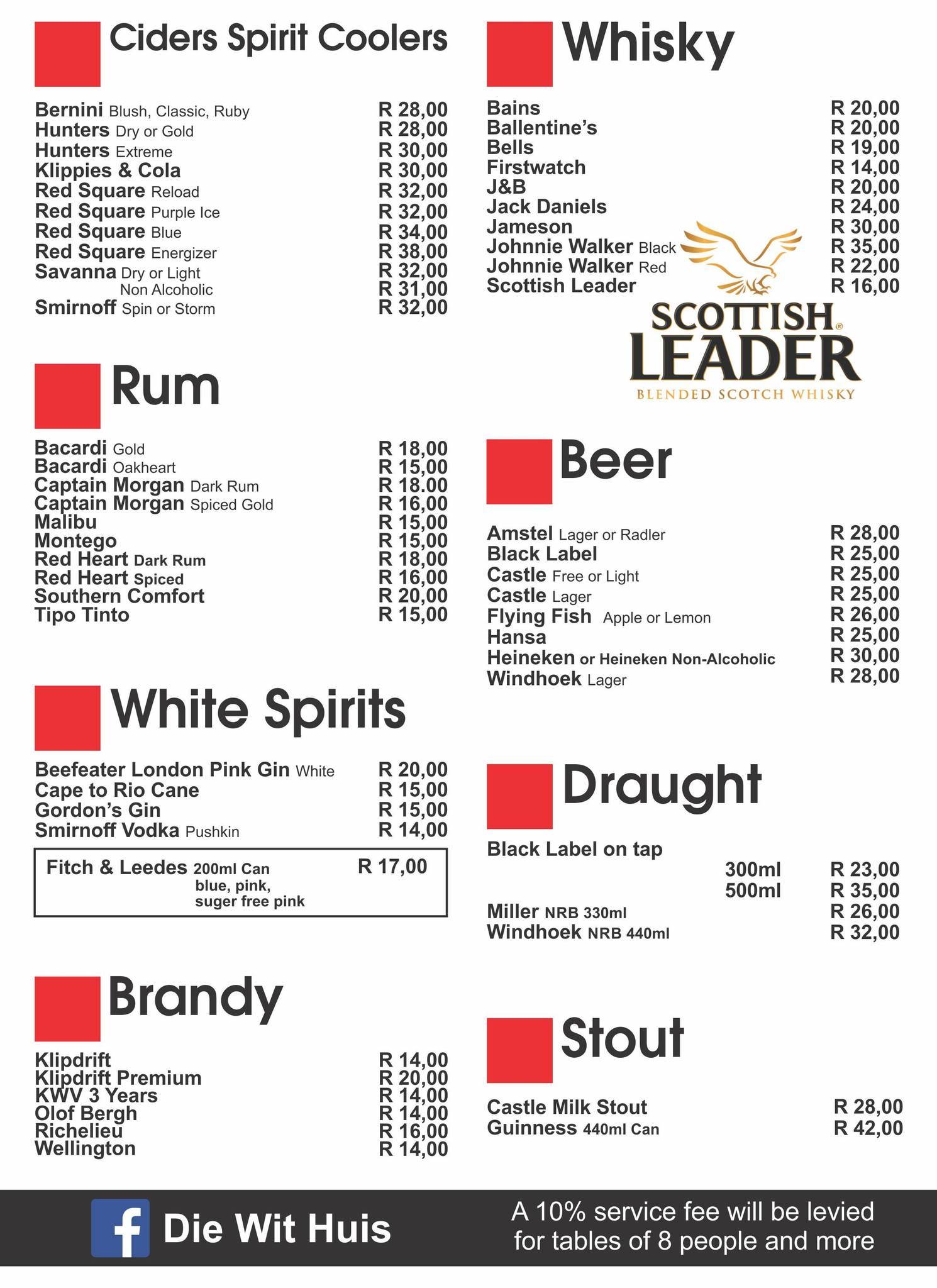 Menu at Die Wit Huis restaurant, Pretoria